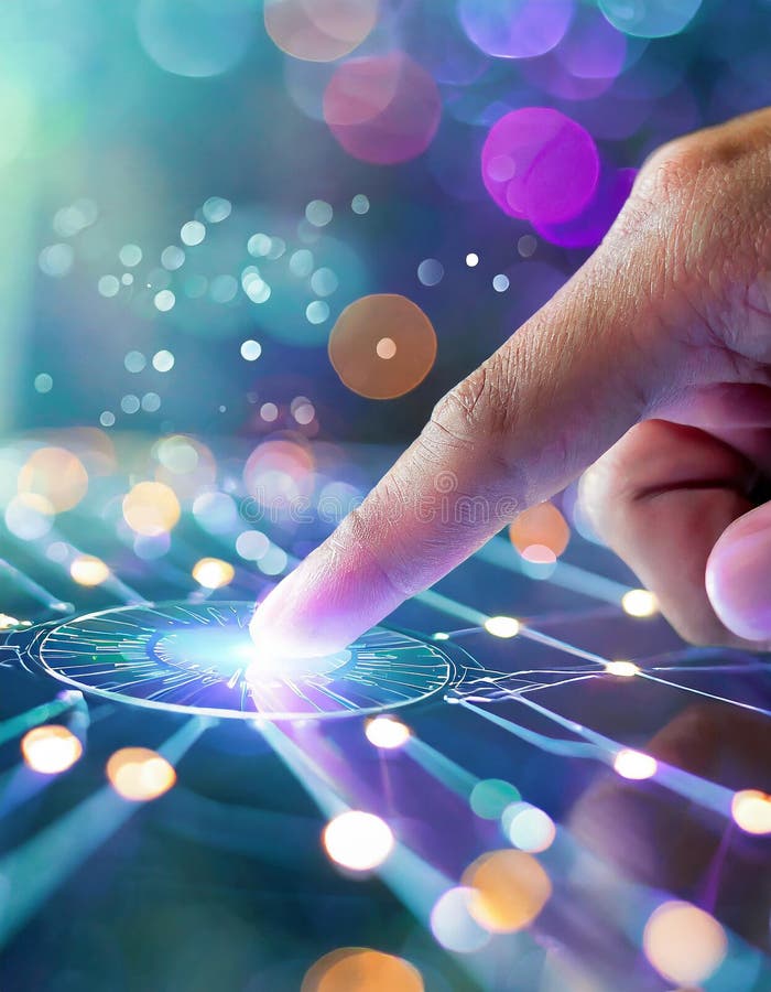 Hand Interacts with a Digital Interface, Illuminating Nodes and ...