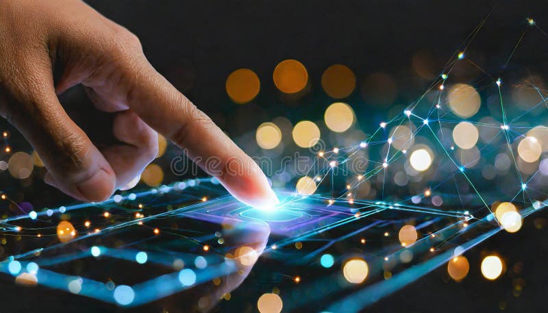 Hand Interacts with a Digital Interface, Illuminating Nodes and ...