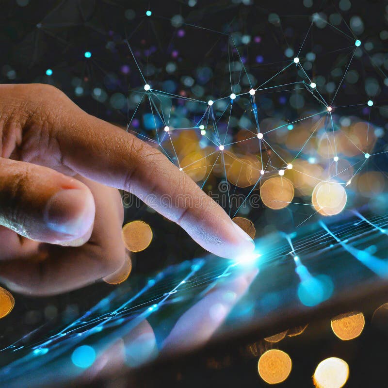 Hand Interacts with a Digital Interface, Illuminating Nodes and ...