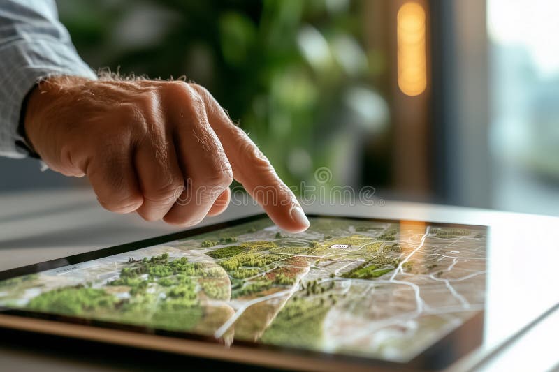 A Hand Interacts with a Digital Landscape Map on a Tablet, Showcasing ...