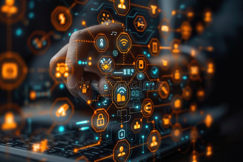 A Hand Interacts with a Digital Network Interface, Visualizing the ...