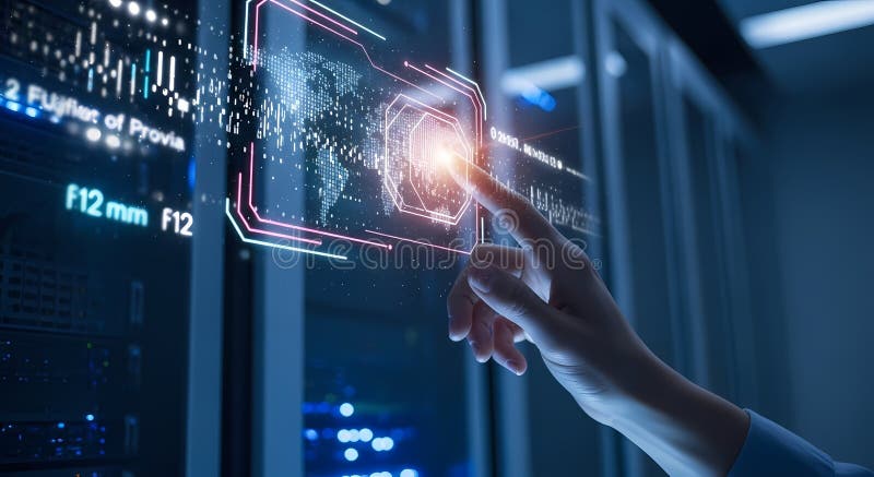 Hand Touching Digital Screen with Server Background Stock Illustration ...