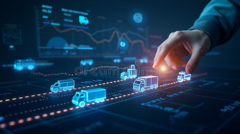 Interactive Digital Interface Showing Logistics and Network with Trucks ...