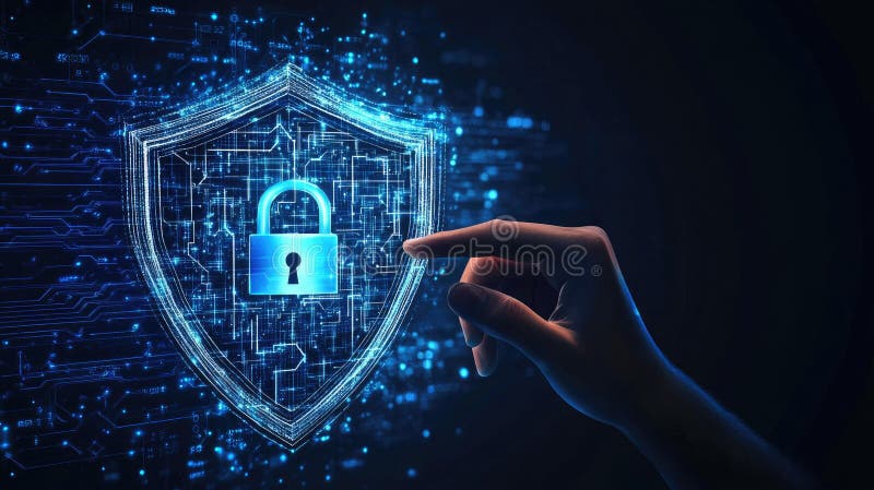 Cybersecurity Protection Digital Shield with Padlock and Hand Touching ...