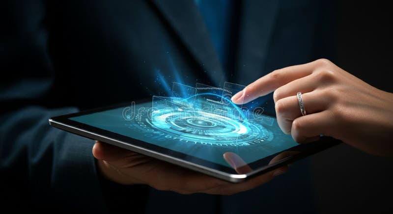 A Hand Interacts with a Digital Tablet Emitting a Holographic Interface ...