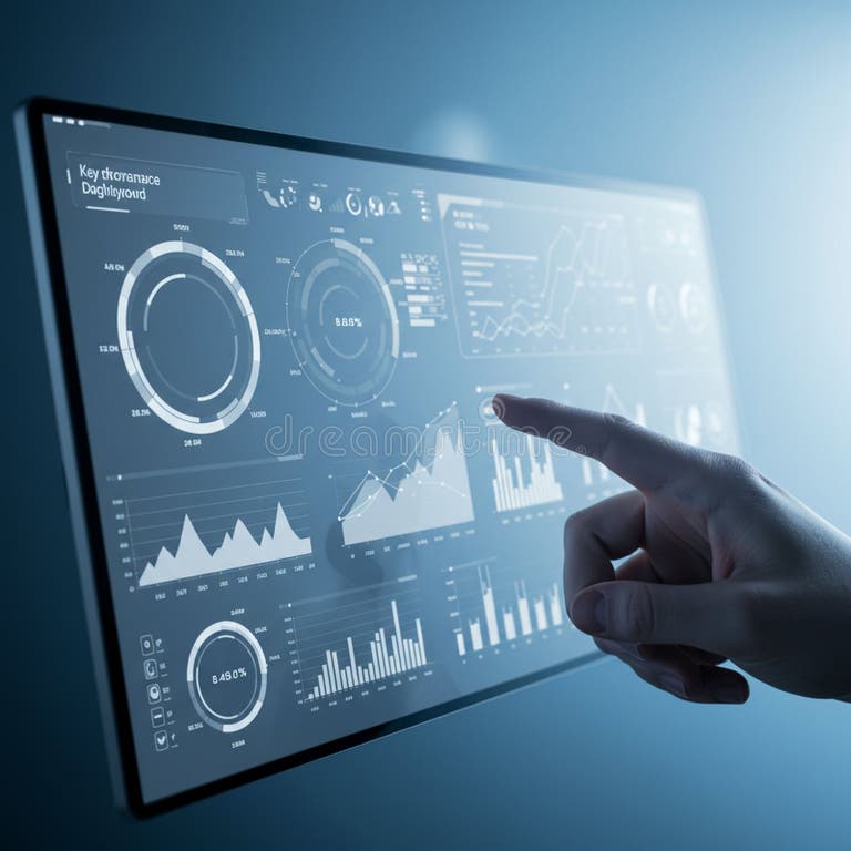 A Hand Interacts with a Digital Touchscreen Displaying Various Data Visualizations. the Stock ...