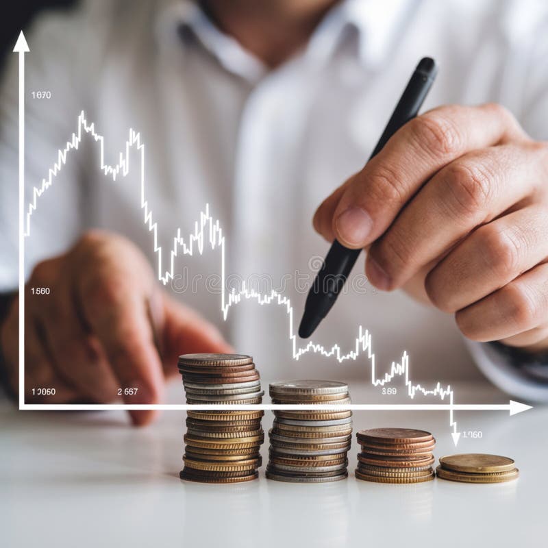 Hand Interacts with a Downward Stock Market Graph while Coins Decrease ...