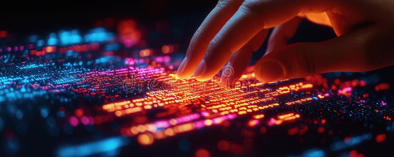 Hand Interacts with Dynamic Digital Interface. Colorful Code Streams ...