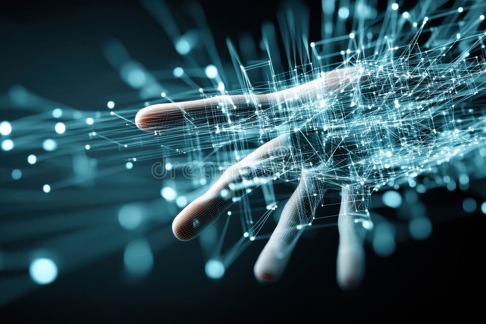 Hand Interacts with Floating Holographic Code in a Futuristic ...