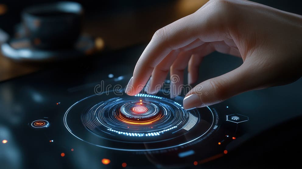 A Hand Interacts with Futuristic Digital Technology on a Glowing ...