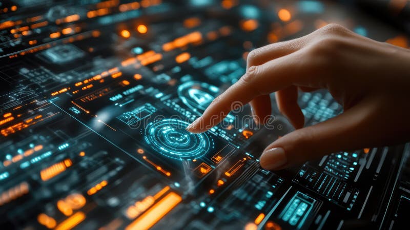 A Hand Interacts with a Futuristic Touch Screen Interface Stock ...