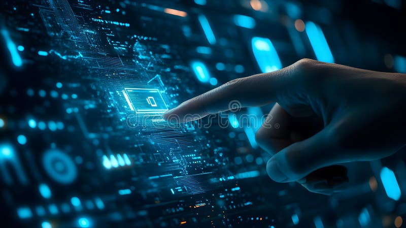 A Hand Interacts with a Futuristic Touchscreen Interface, Characterized ...