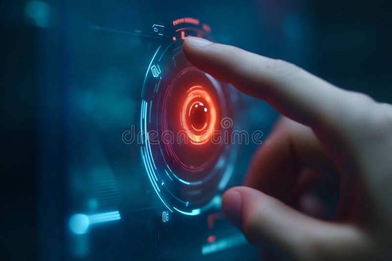 Engineer Activating Futuristic Touchscreen Interface with Red Button ...
