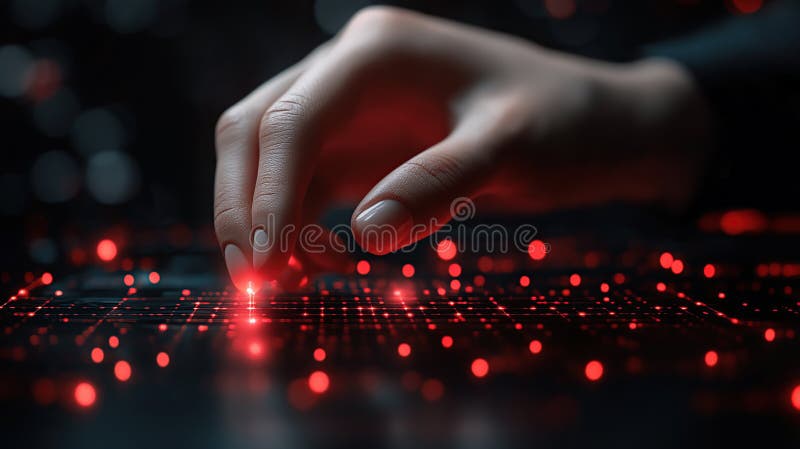 A Hand Interacts with a Glowing Digital Grid Stock Illustration ...