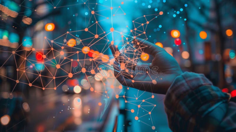 A Hand Interacts with a Glowing Digital Network Overlay Against a ...