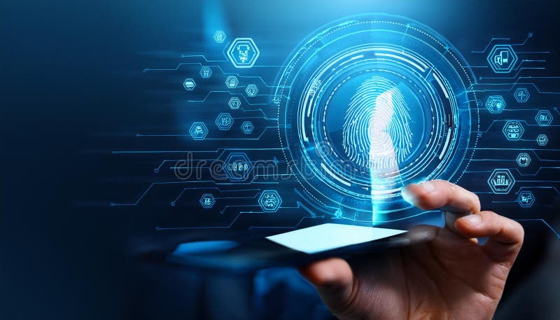 A Hand Interacts with a Glowing Fingerprint on a Smartphone, Surrounded by Digital Icons ...