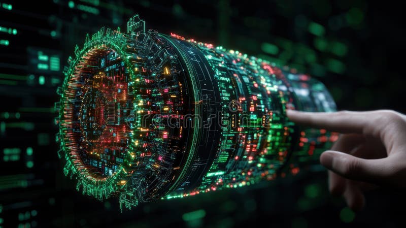 A Hand Interacts with a Glowing, Futuristic Digital Interface in the ...