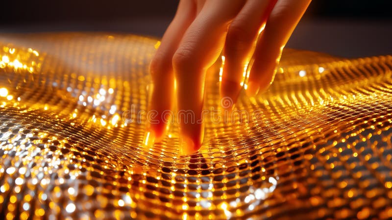 Hand Interacts with Glowing Golden Surface, Creating Intricate Light ...