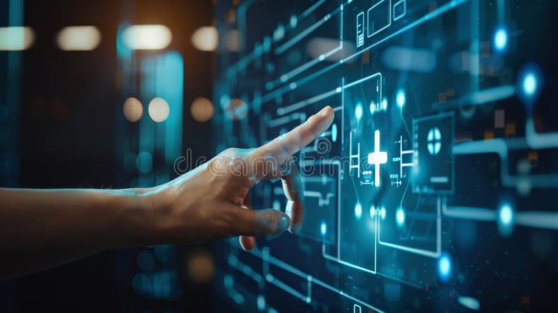 A Hand Interacts with a Glowing Holographic Interface Full of Digital ...