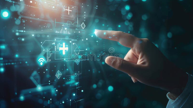 A Hand Interacts with a Glowing Holographic Interface Full of Digital ...