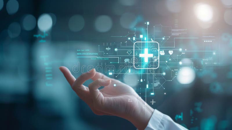 A Hand Interacts with a Glowing Holographic Interface Full of Digital ...