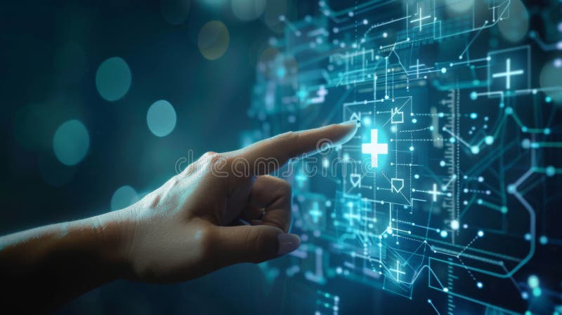 A Hand Interacts with a Glowing Holographic Interface Full of Digital ...