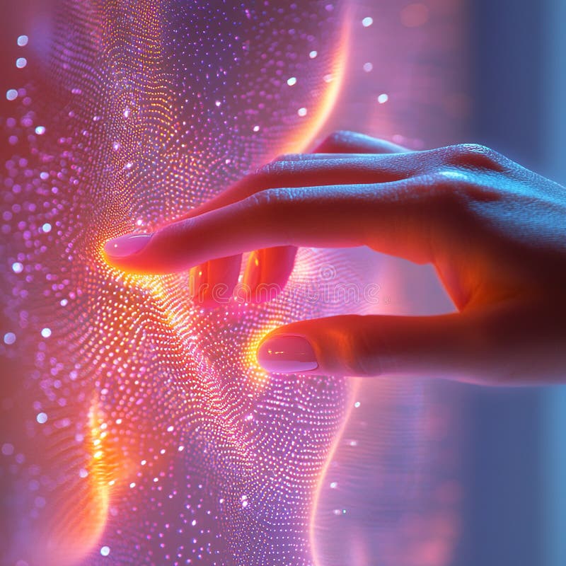 Hand Interacts with Glowing Touchscreen Technology Against a White ...