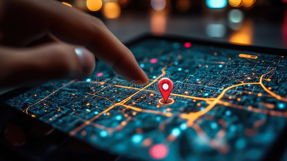 A Hand Interacts with a GPS Holographic Interface Featuring Location Pins. Generative Ai Stock ...