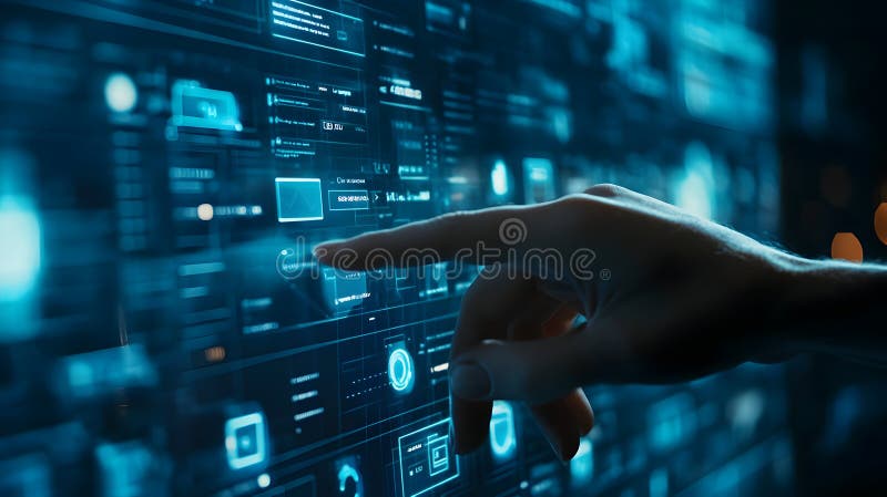 A Hand Interacts with a High-tech Digital Screen Filled with Blue-toned ...
