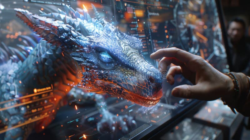 A Hand Interacts with a High-tech Holographic Dragon Projection ...