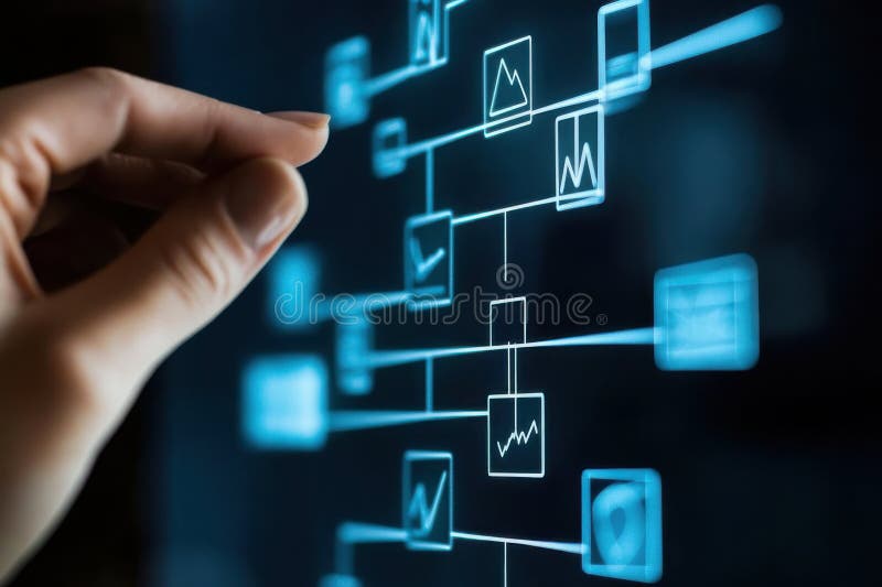A Hand Interacts with a High-tech Touchscreen Displaying Intricate Data ...