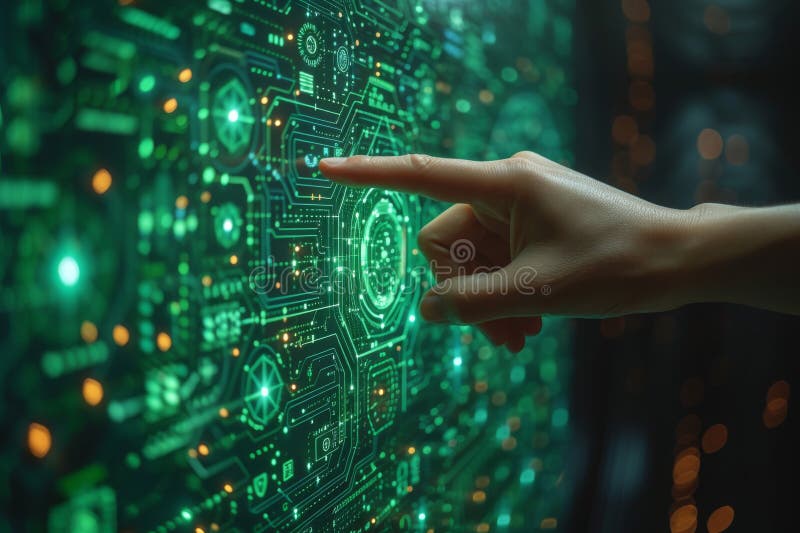 Finger Pointing at Futuristic Green Circuit Board Interface. Generative ...