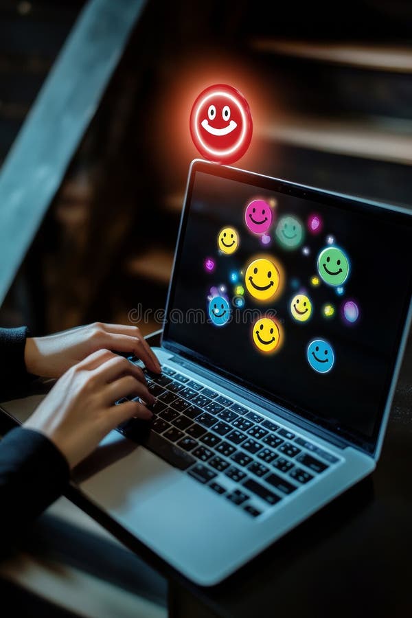 Hand Interacts with Laptop in a Dark Office, while Vibrant Smiley Icons ...