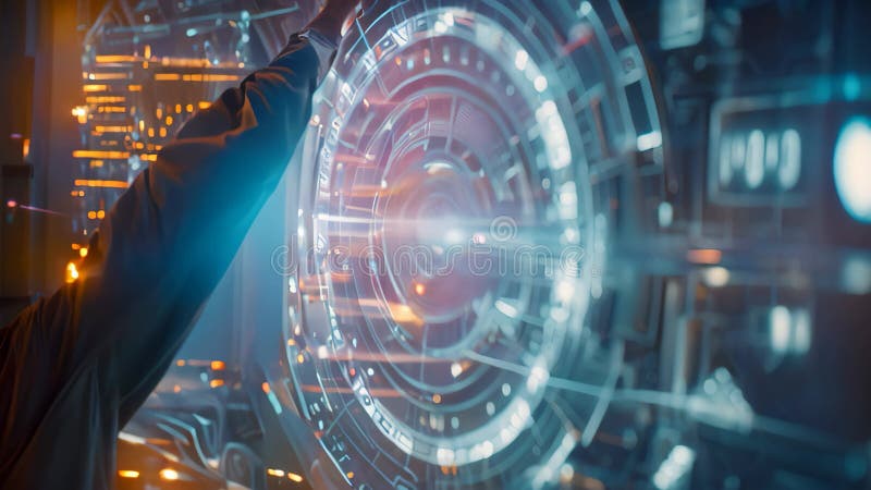 A Hand Interacts with a Large, Holographic Display Showing a Futuristic ... A Hand Interacts with a Large, Holographic Display Showing a Futuristic ...