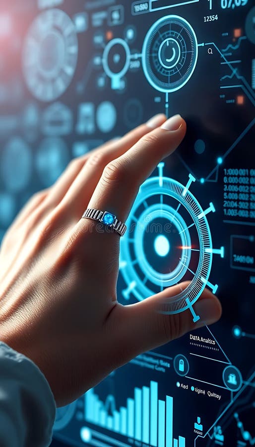 Hand Interacting with Digital Interface Representing Data Analysis and Futuristic Technology ...