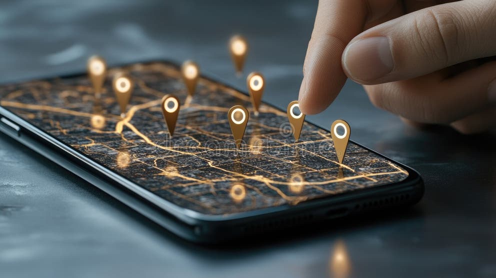 Hand Interacts with Mobile Map Displaying Multiple Location Pins on a ...
