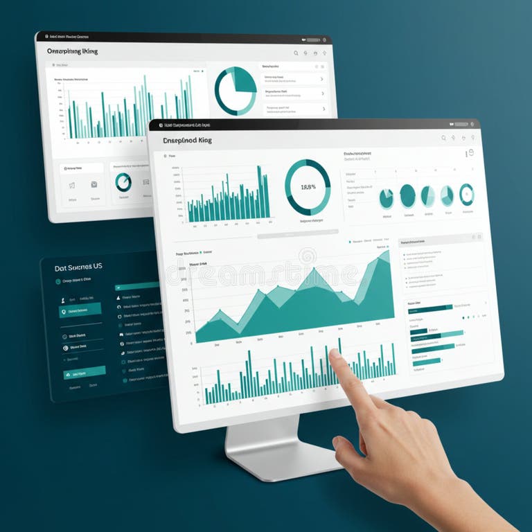 A Hand Interacts with a Modern Computer Monitor Displaying Multiple Data Analysis Stock ...