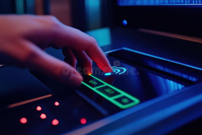 Finger Pressing a Touch Screen Control Panel in a Modern, High-tech ...