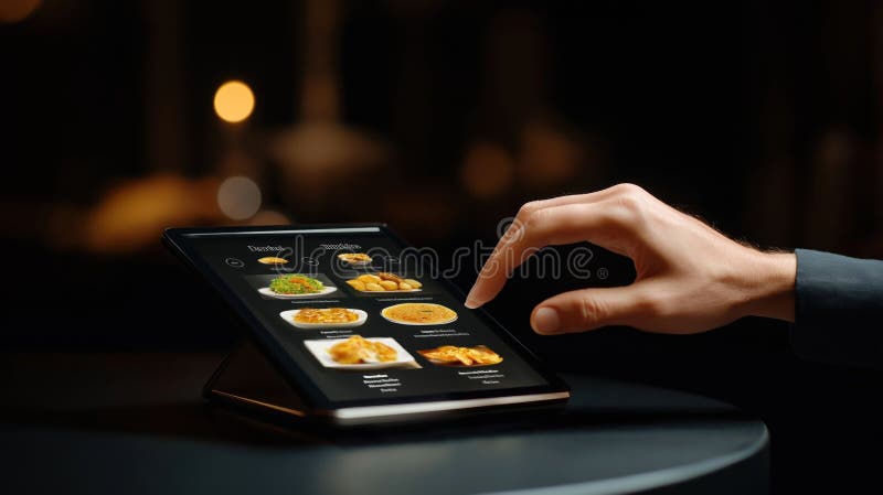 Hand Interacts with Sleek Tablet Menu. Digital Menu Ordering System in ...