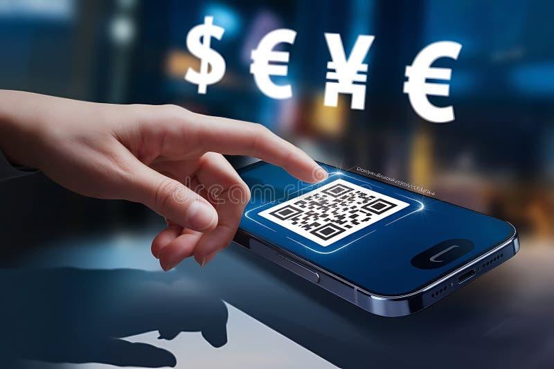 Mobile Payment System QR Code, Smartphone, Dollar, Euro, Yen Stock ...