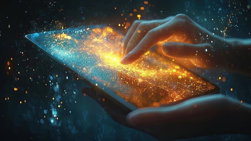 Digital Connection Hand Interacting with Tablet Displaying Glowing ...