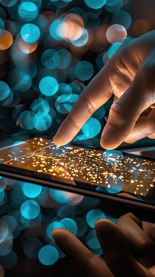 A Hand Interacts with a Tablet Screen Displaying a Cityscape at Night ...
