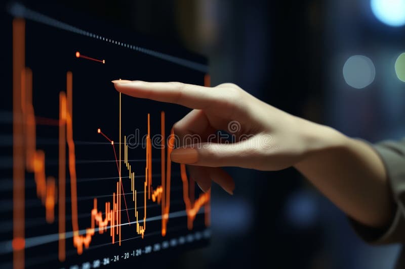 A Hand Interacts with a Touchscreen Display Showing Stock Market Trends and Data Visualizations ...