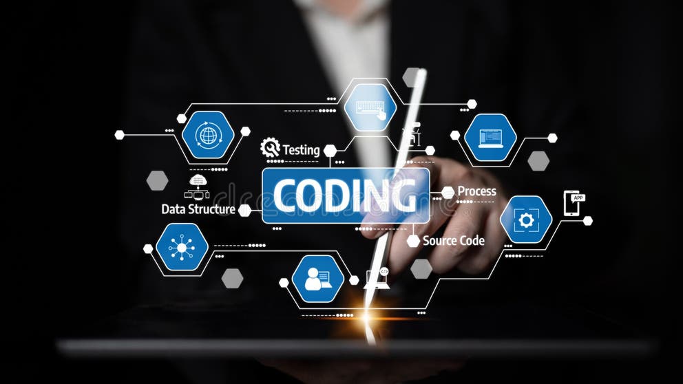 Focused Hand on Touchscreen with Coding Graphics, Showcasing Coding, Data Structure, Source Code ...