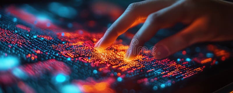 Hand Interacts with Vibrant Digital Interface. Dynamic Glowing Tech ...