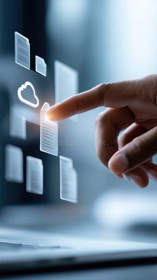 Hand Interacts with Virtual Cloud Icon on Futuristic Digital Interface ...