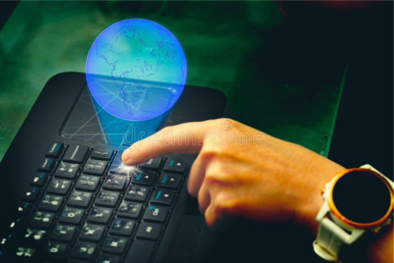 Hand Key Enter Button for World Globe Hologram Stock Photo - Image of ...