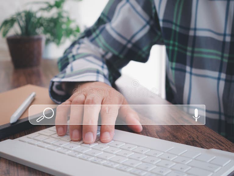 Hand of Keyboard Computer Show Icon Search Engine Bar. Searching Browsing Internet Data ...