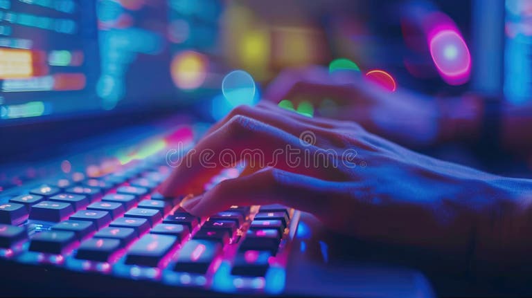 Person S Hands Typing on a Keyboard with a Floating Neon Control Panel ...