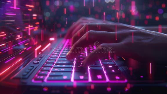 Person S Hands Typing on a Keyboard with a Floating Neon Control Panel ...